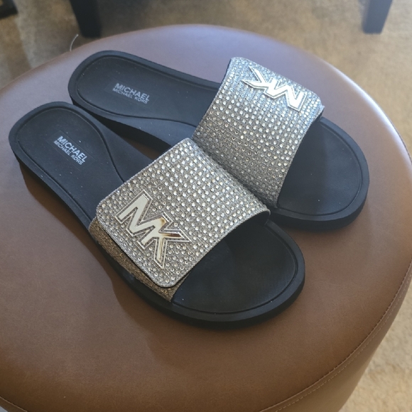 Michael Kors | Shoes | Michael Kors Silver Slide Sandals | Poshmark